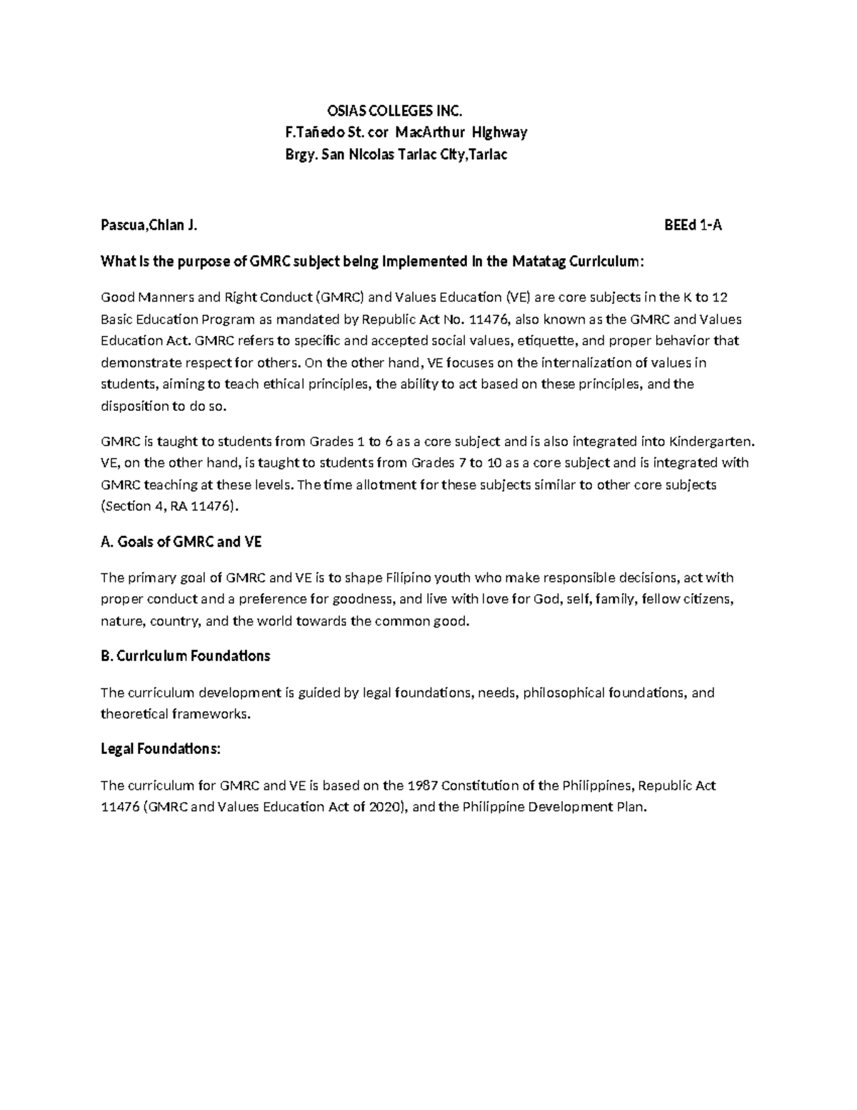 GMRC and Values Education in the Matatag Curriculum: A Study - Studocu