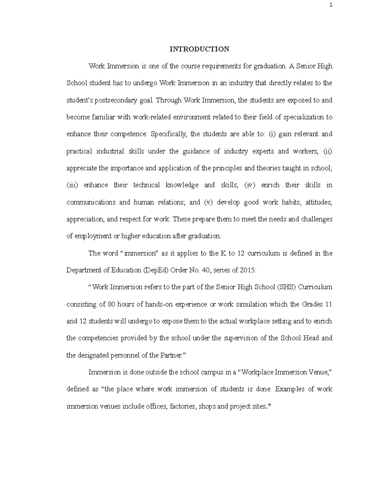 Contents - lecture - 1 INTRODUCTION Work Immersion is one of the course ...