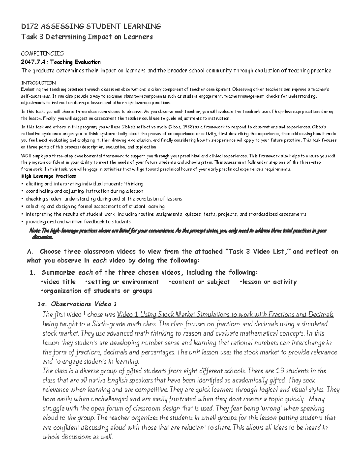D172 Task 3 Assessing Student Learning (Determining Impact on Learners) - D172 ASSESSING STUDENT ...