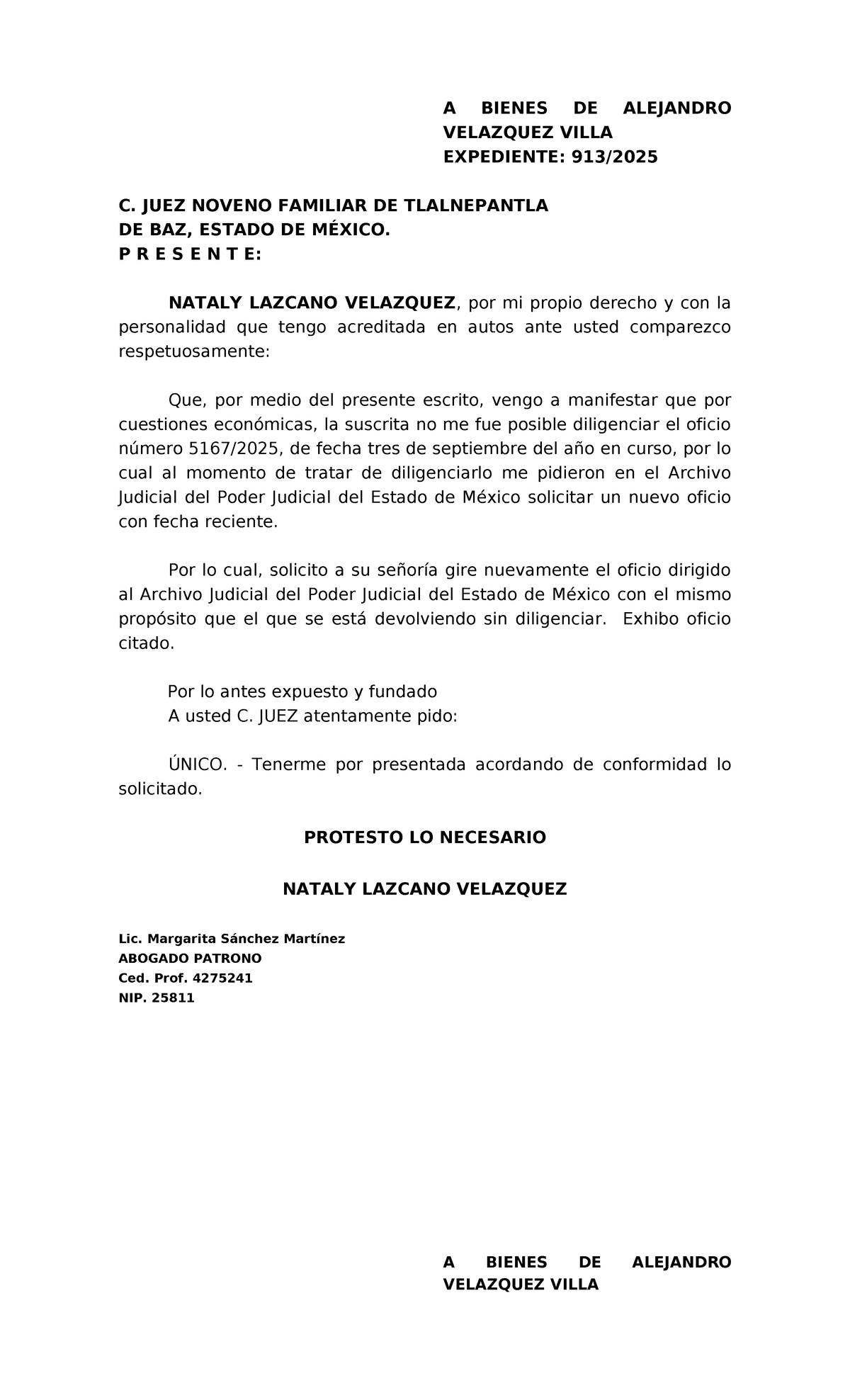 Solicitud de Oficio a C. Juez Noveno Familiar de Tlalnepantla - Studocu
