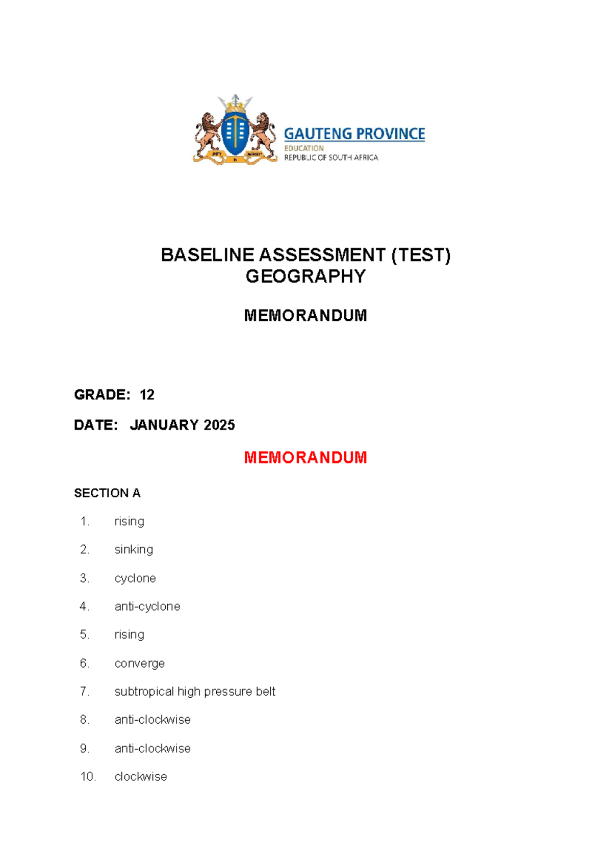 Gr 12 Geography Baseline Assessment Jan 2025 Memorandum - Studocu