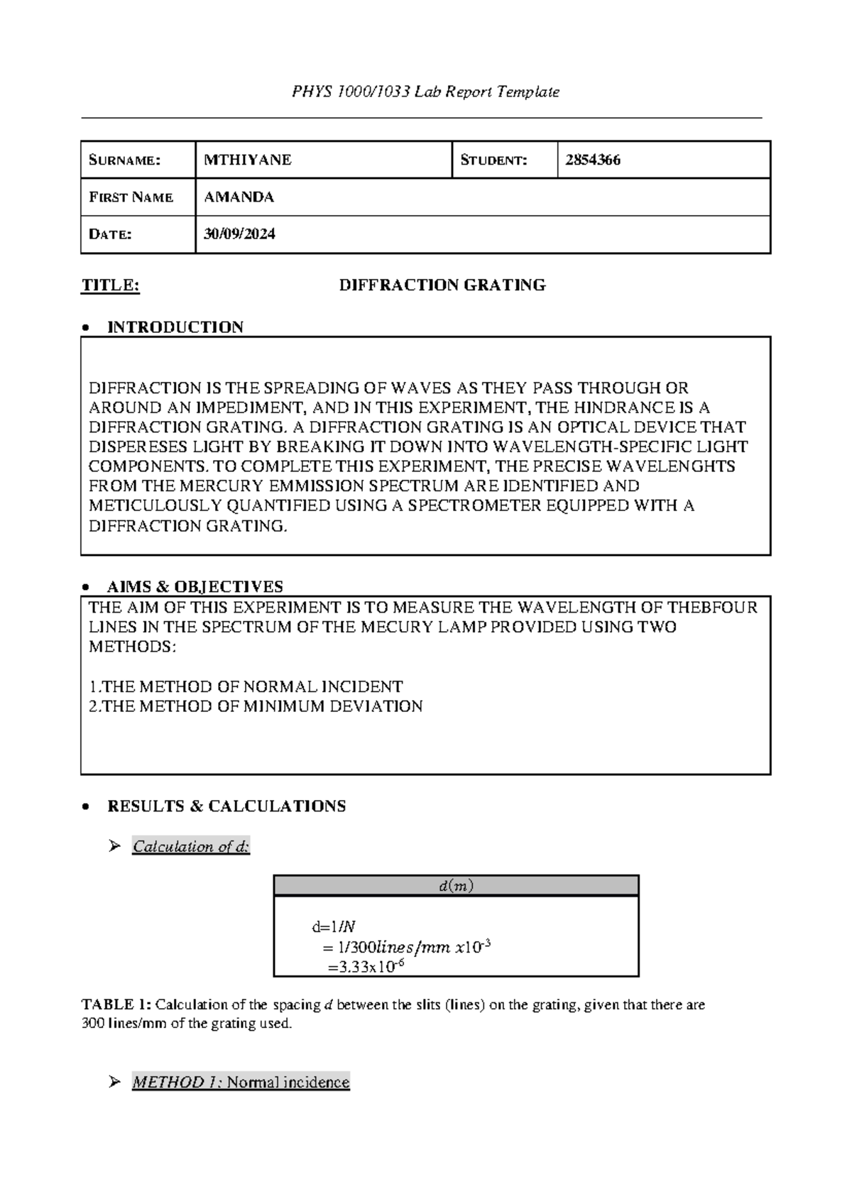 PHYS 1000/1033 - Diffraction Grating Lab Report Template - Studocu