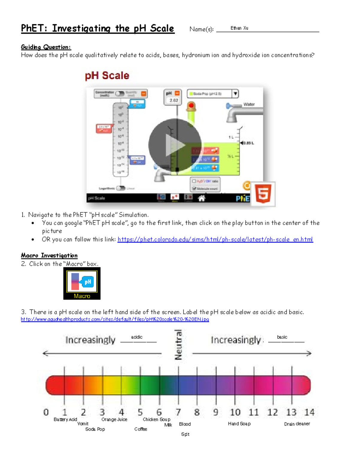 PhET pH Scale Simulation Guide - Investigating Acids and Bases - Studocu