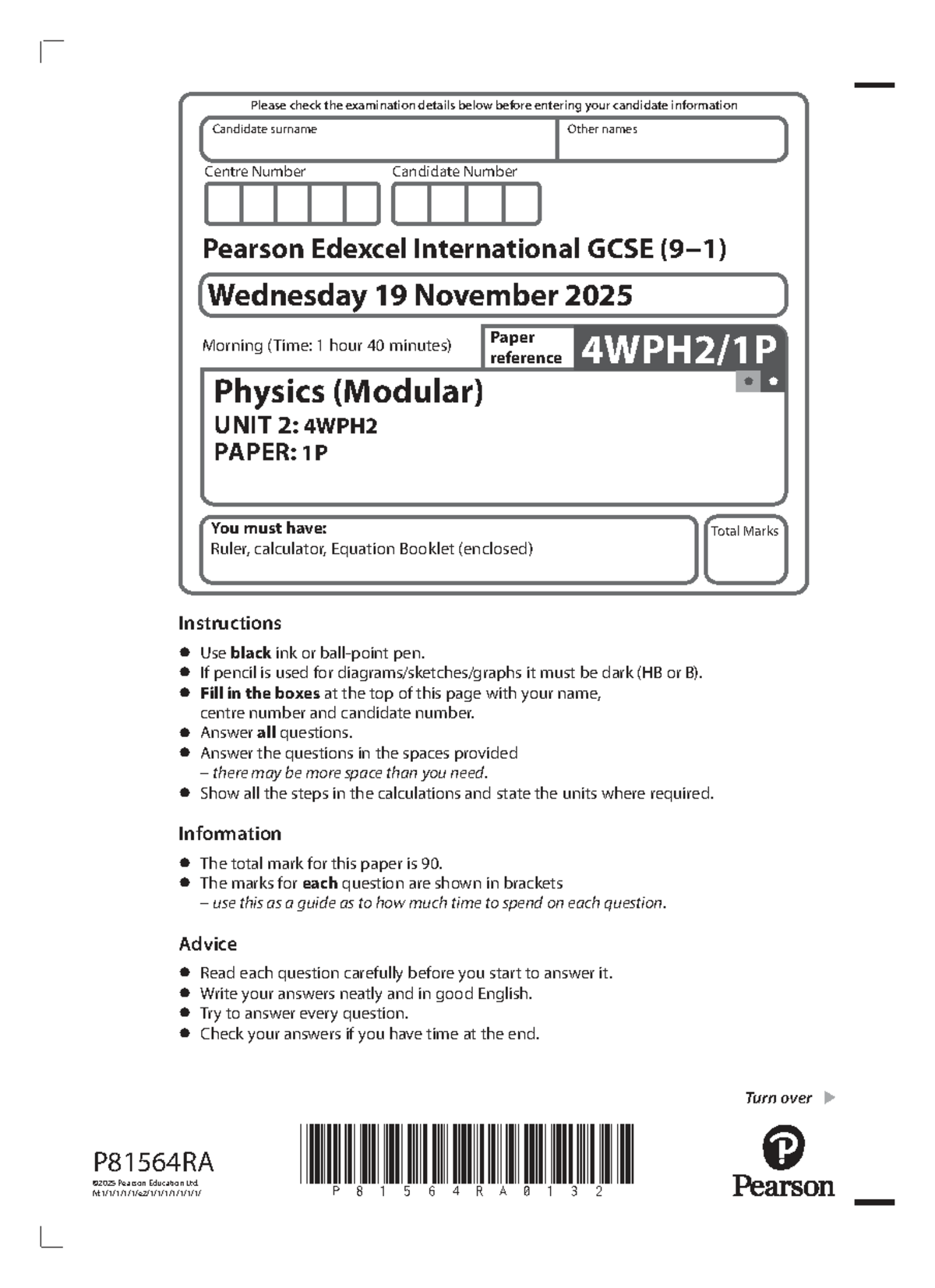 4WPH2 1P Physics Exam Questions - November 2025 - Studocu