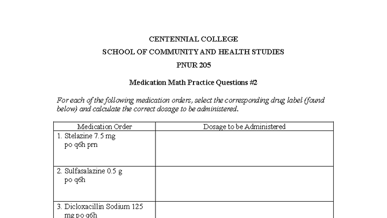 Med Math Practice Questions #2 - PNUR 205 - Studocu