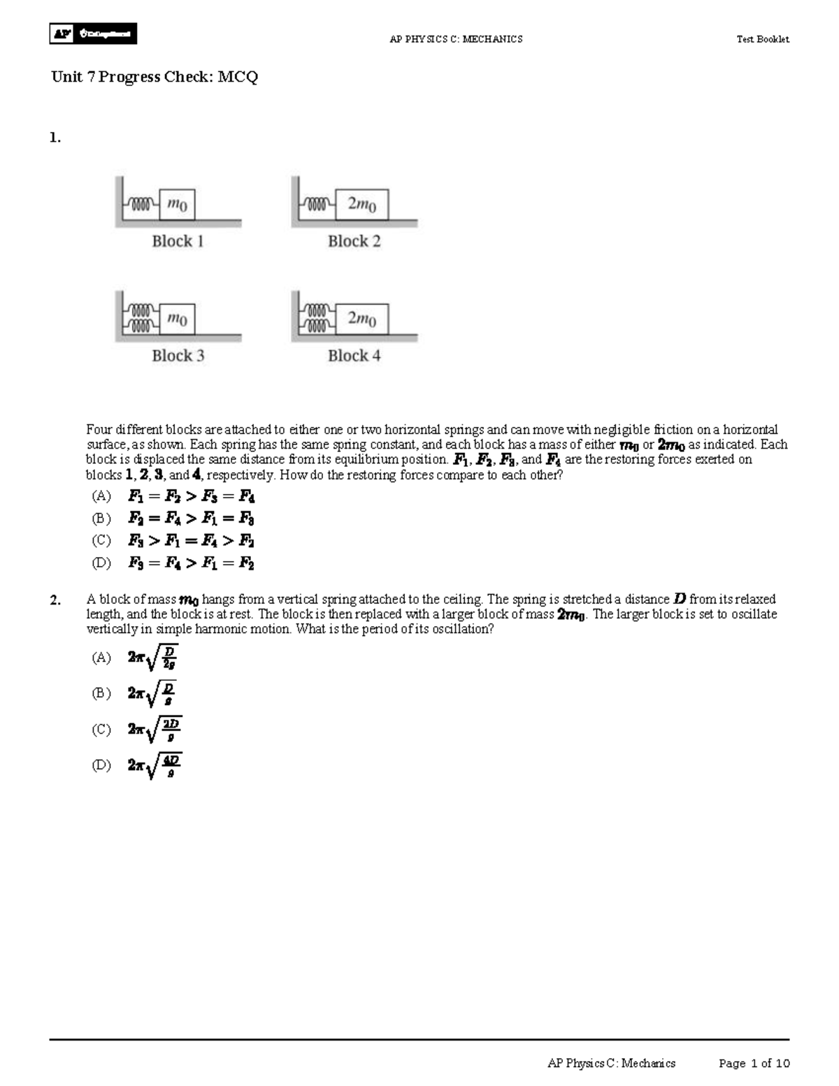AP PHYSICS C: MECHANICS Unit 7 Progress Check MCQ Test Booklet - Studocu