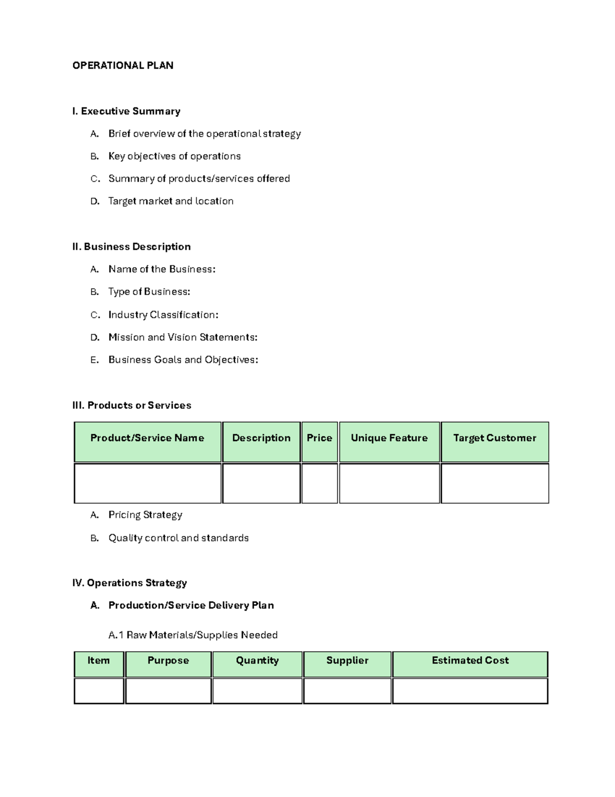 Operational Plan Template for Business Strategy and Management - Studocu