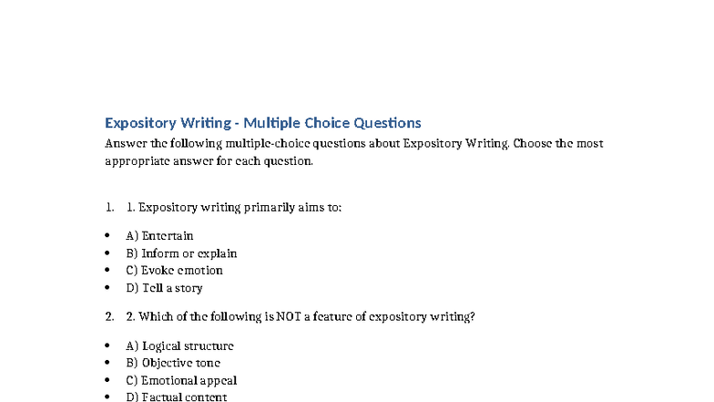 Expository Writing MCQs: Multiple Choice Questions & Answers - Studocu