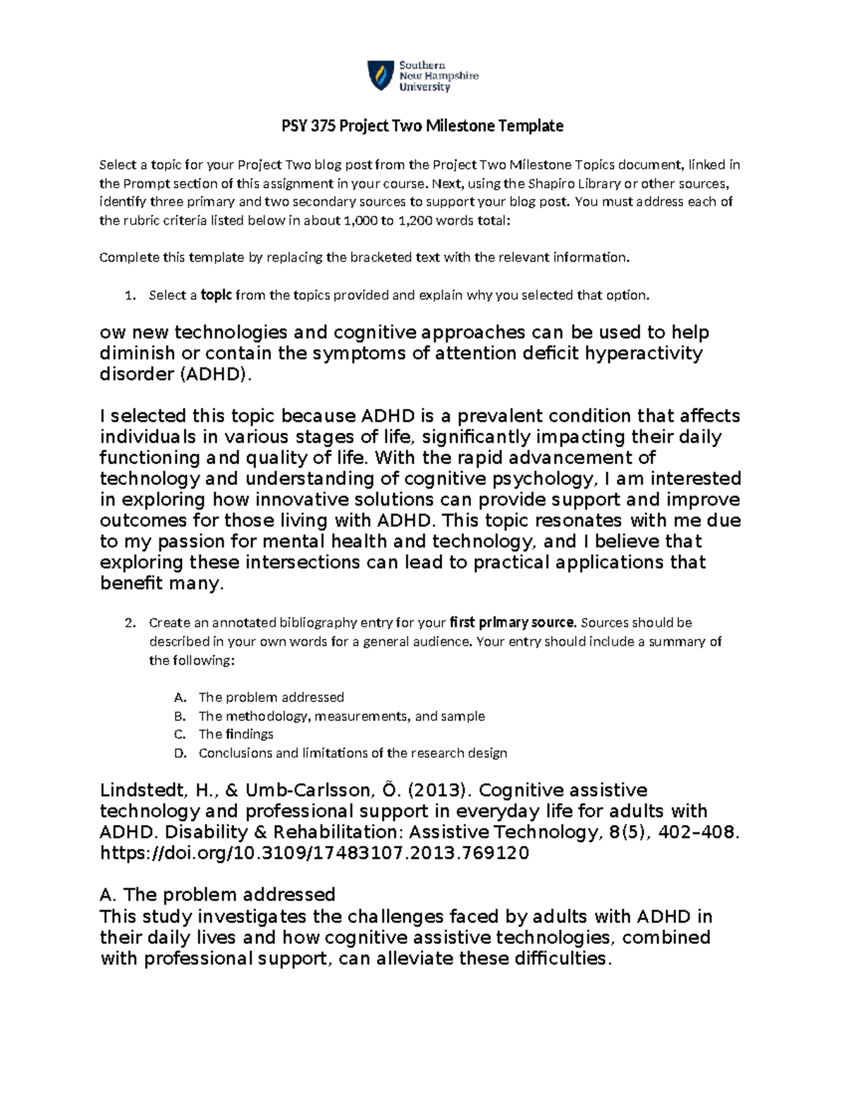 PSY 375 Project Two Milestone: Exploring ADHD Management Through Tech ...
