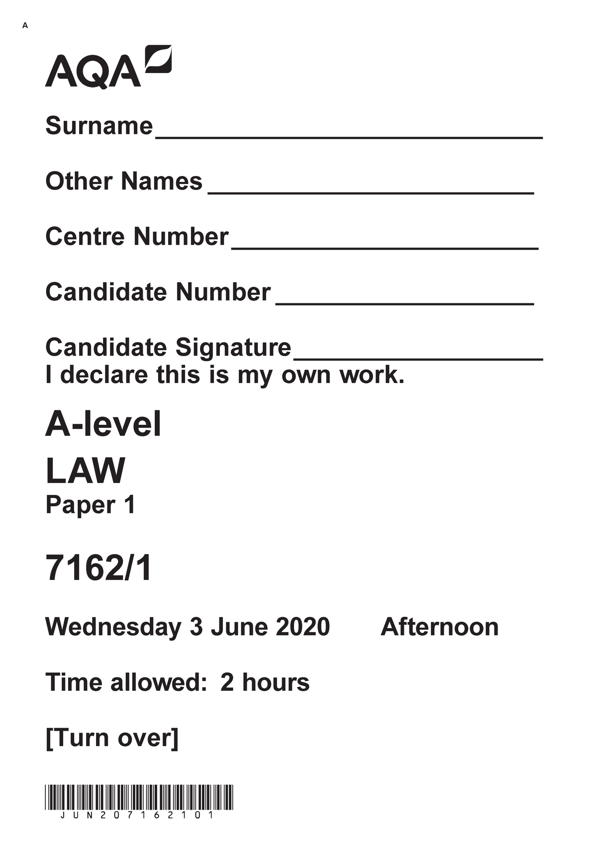 AQA-71621-QP-MQP36A3-NOV20 - Modified - Surname ____________________________ Other Names - Studocu