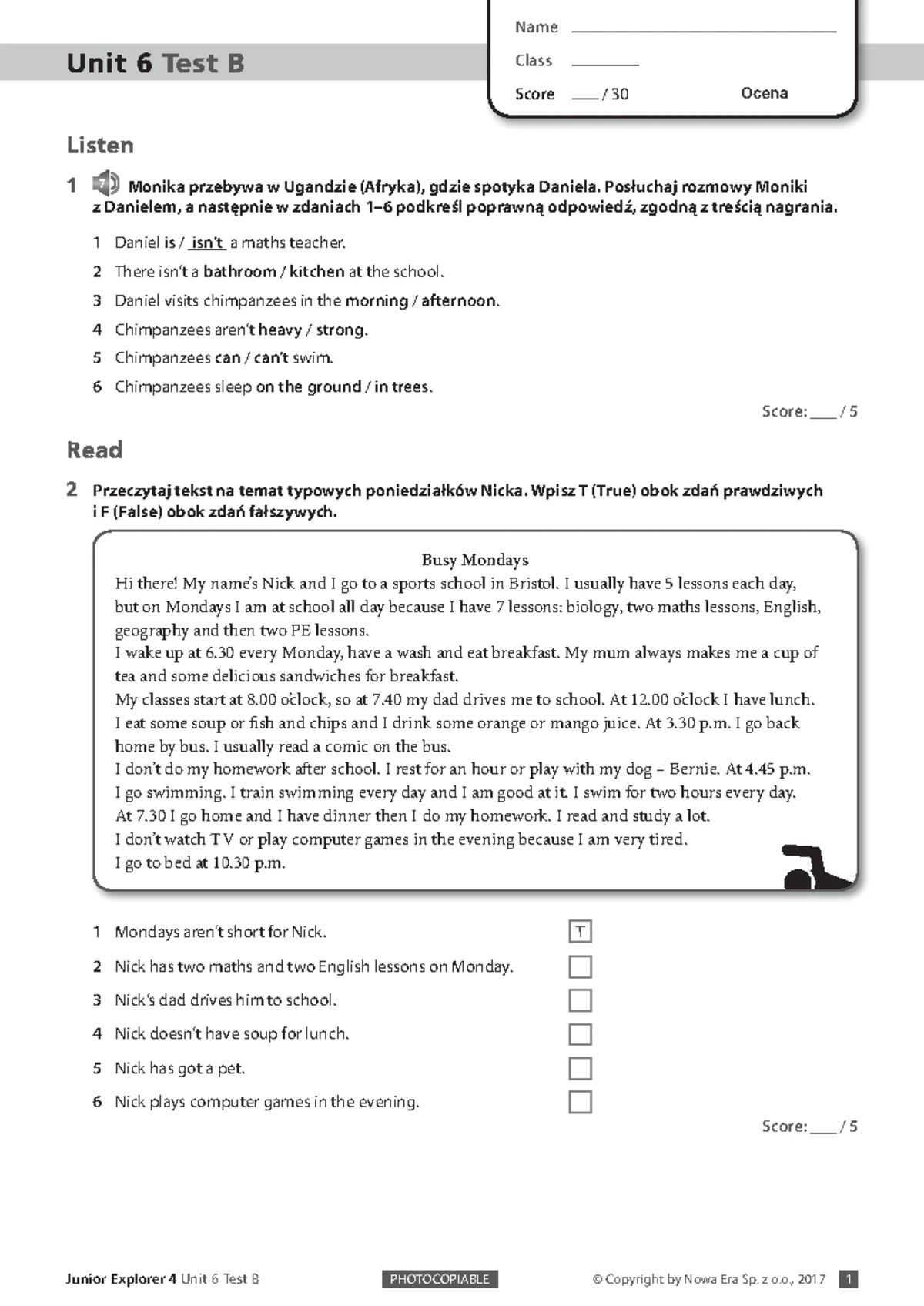 Junior Explorer 5 Unit 6 Test A & Answers for Group A, B - Studocu