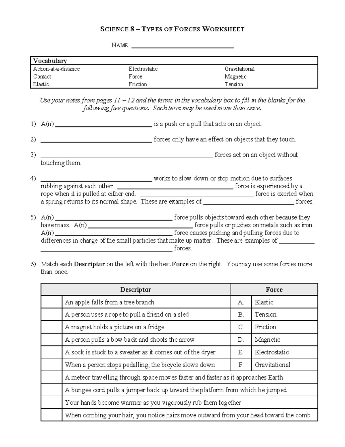 Science 8 - Types of Forces Worksheet and Vocabulary Guide - Studocu