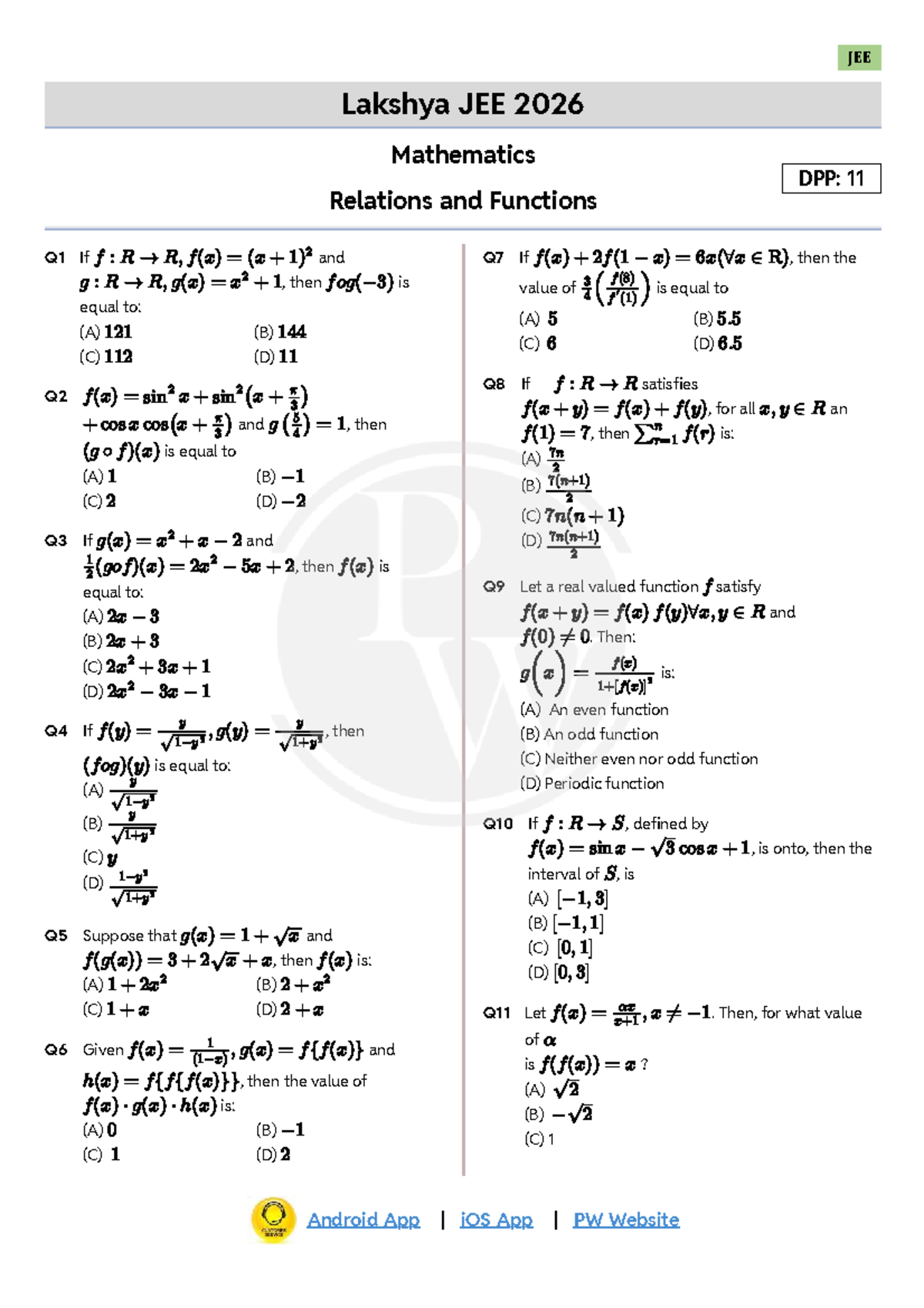 JEE 2026 Mathematics DPP: 11 Relations and Functions (Lecture 23) - Studocu