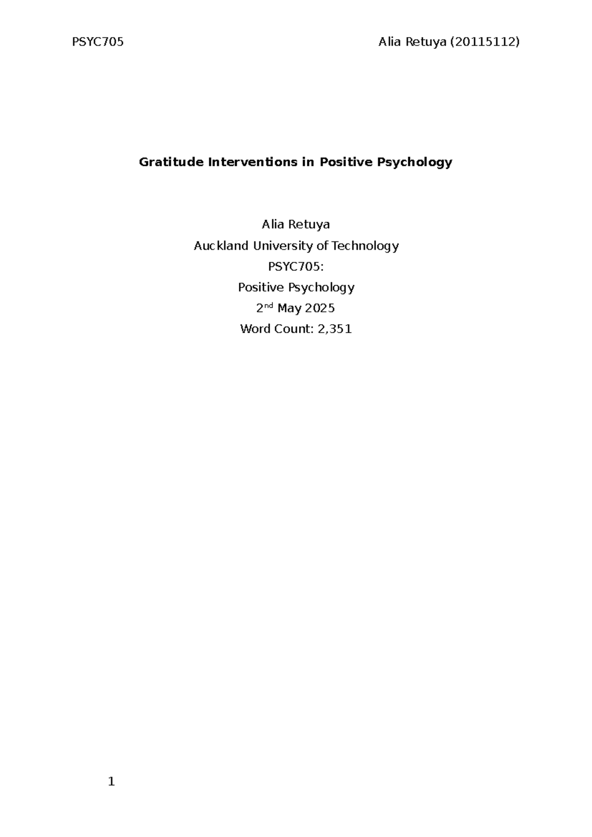 PSYC705 Final Exam: Exploring Gratitude Interventions in Positive ...