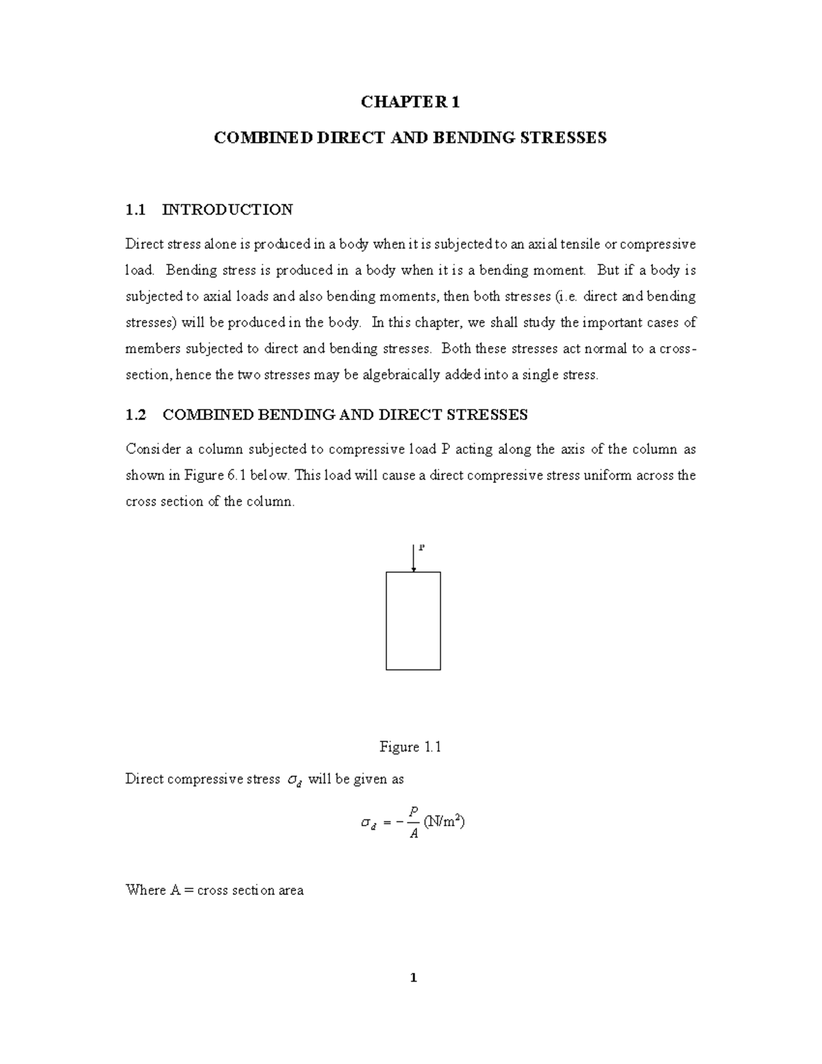 Chapter 1: Combined Direct and Bending Stresses Overview - Studocu