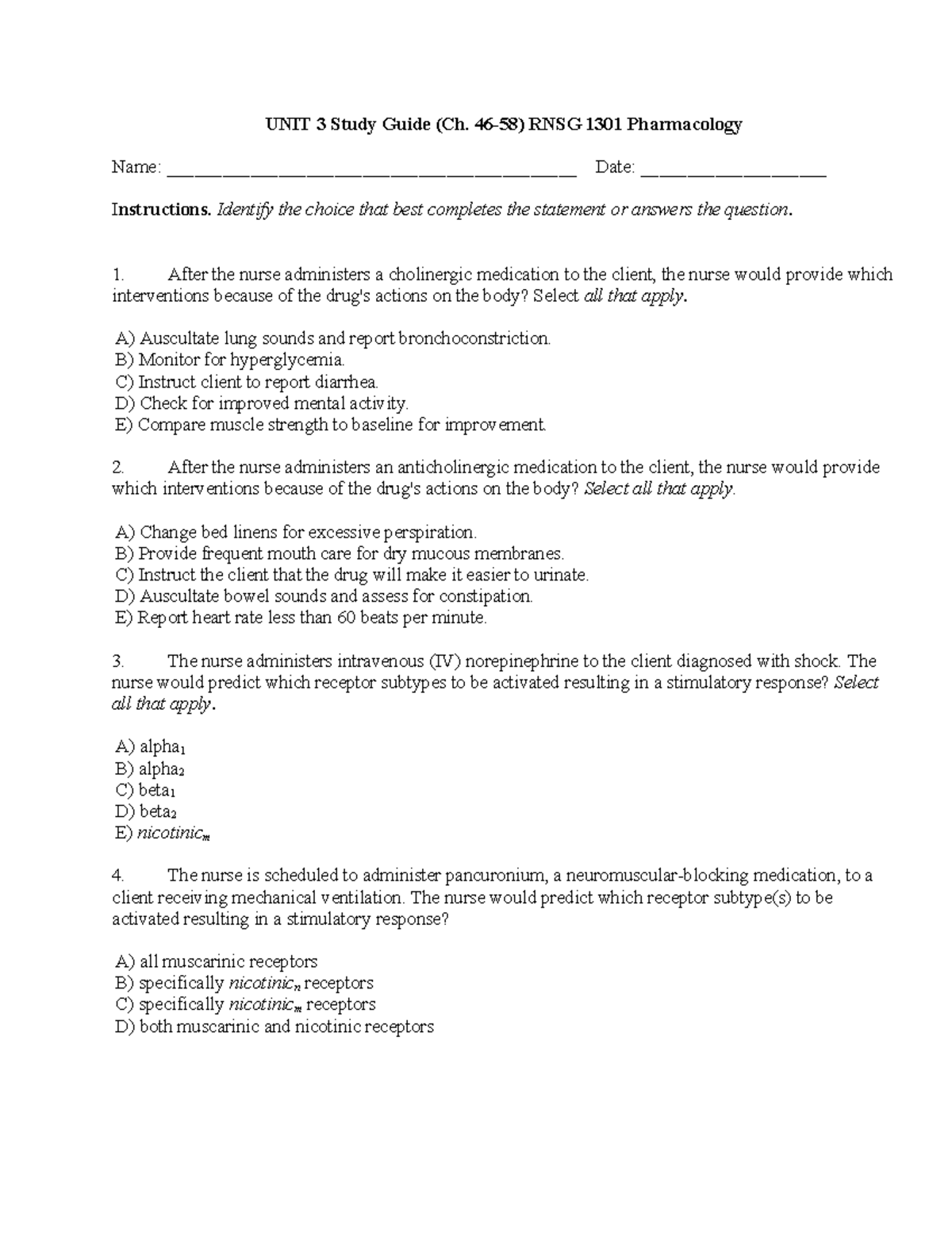 Unit 3 Study Guide Pharmacology Concepts Ch 46 58 Rnsg 1301 Studocu