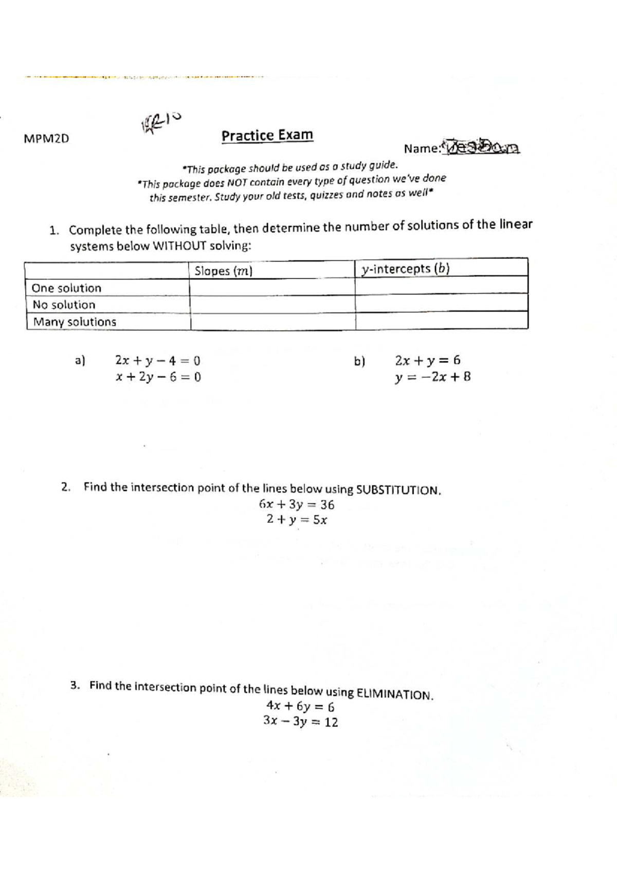 Grade 10 MPM2D Practice Exam Study Guide - Studocu
