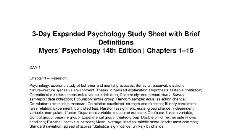 Psychology 14th Edition: 3-Day Expanded Study Sheet with Definitions ...