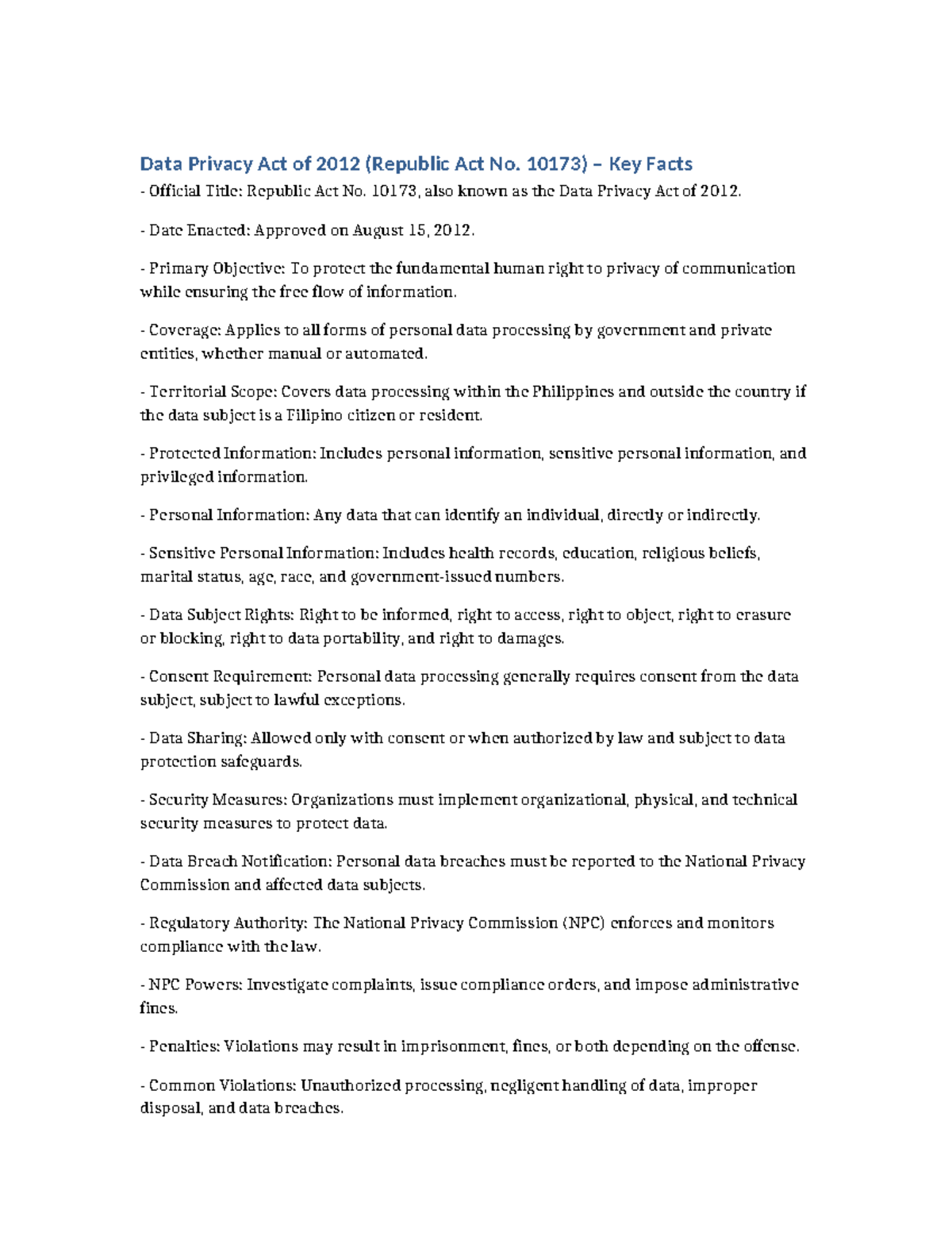 Data Privacy Act of 2012 (RA 10173) Key Facts Summary - Studocu