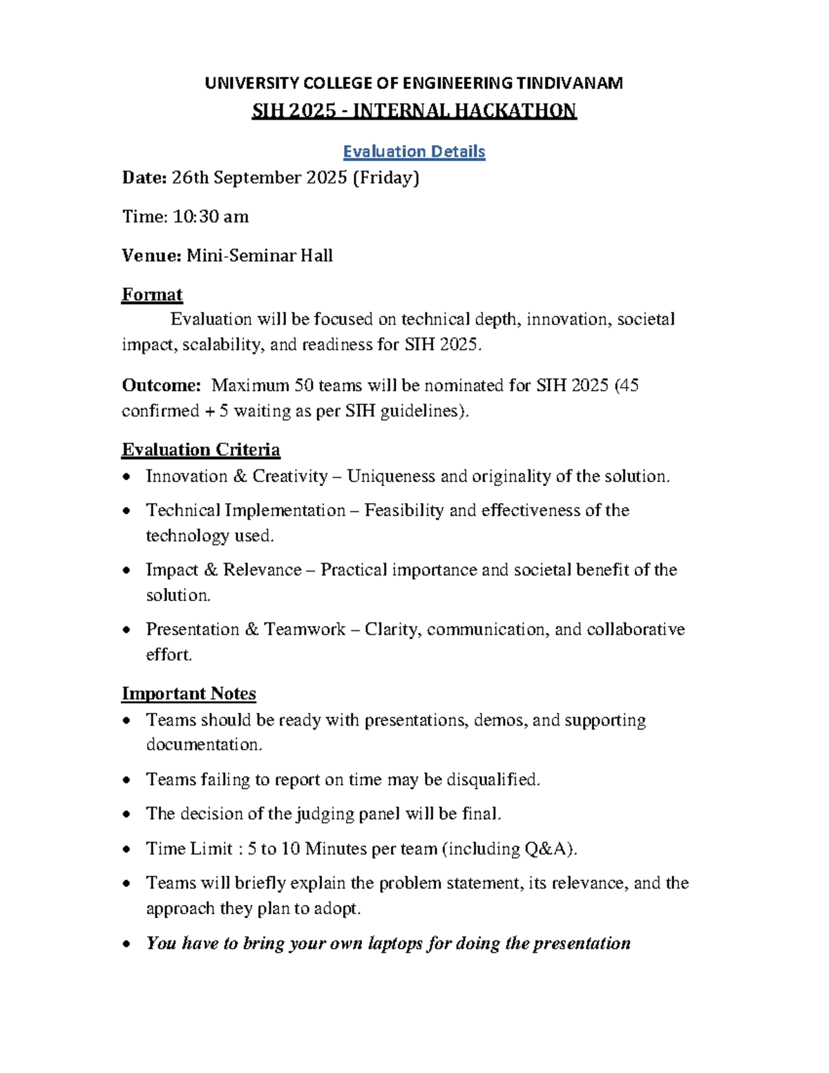 SIH 2025 Internal Hackathon Evaluation Details - UCE Tindivanam - Studocu