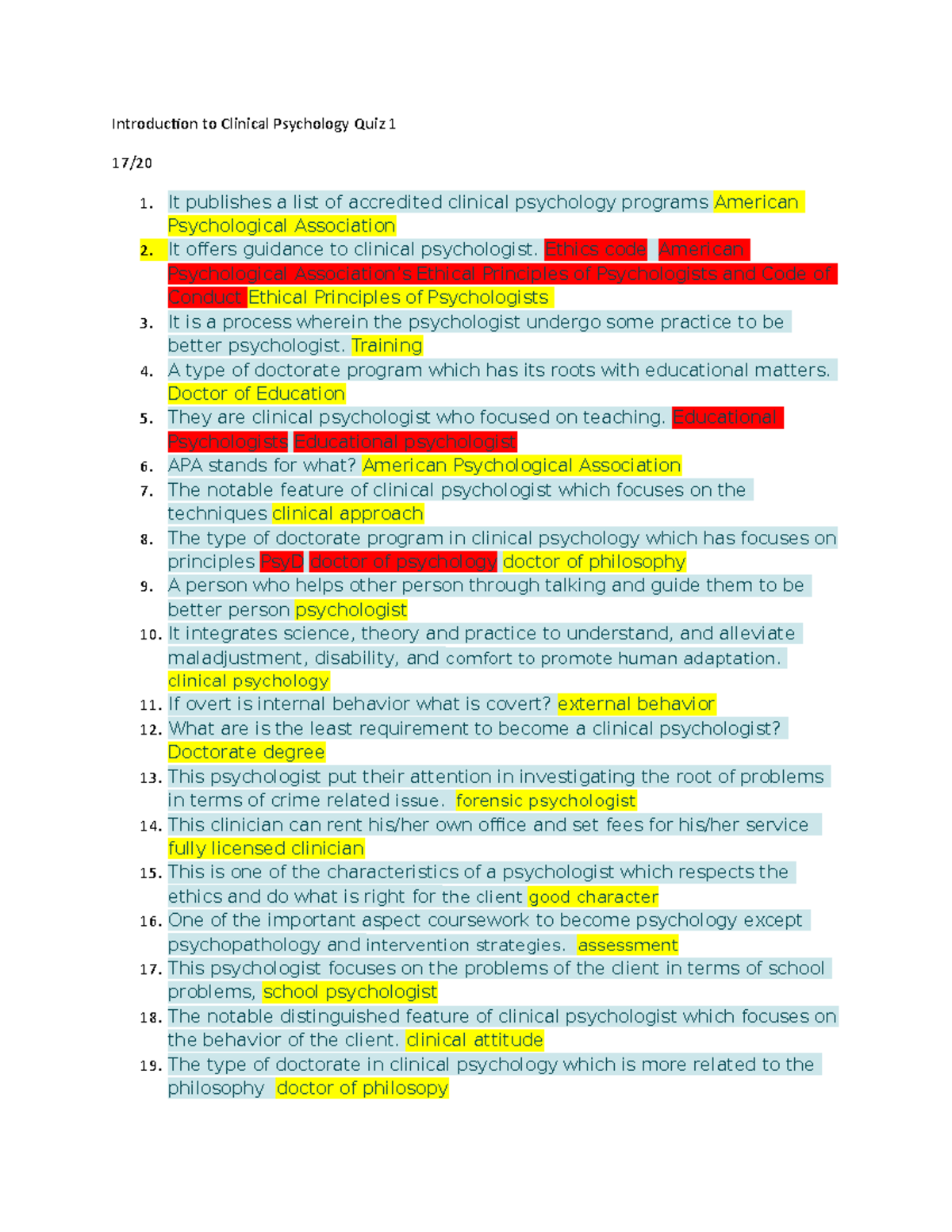 Introduction to Clinical Psychology Quiz 1 - Ethics code American ...