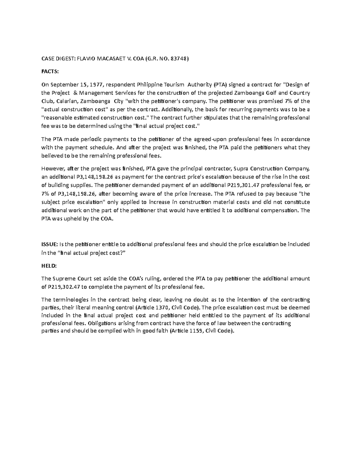 Macasaet v. COA Case Digest (G.R. No. 83748) - Professional Fees Issue ...