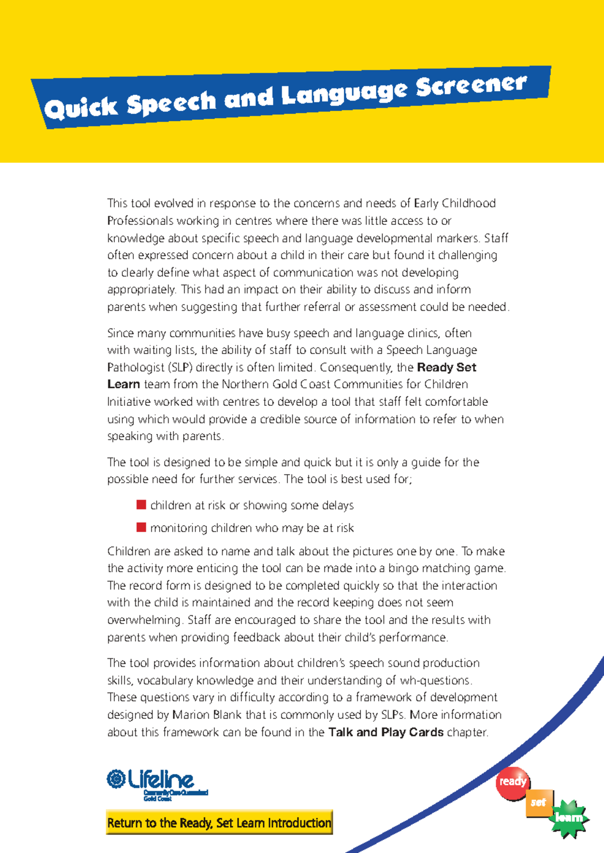Quick Speech and Language Screener for Early Childhood Professionals ...
