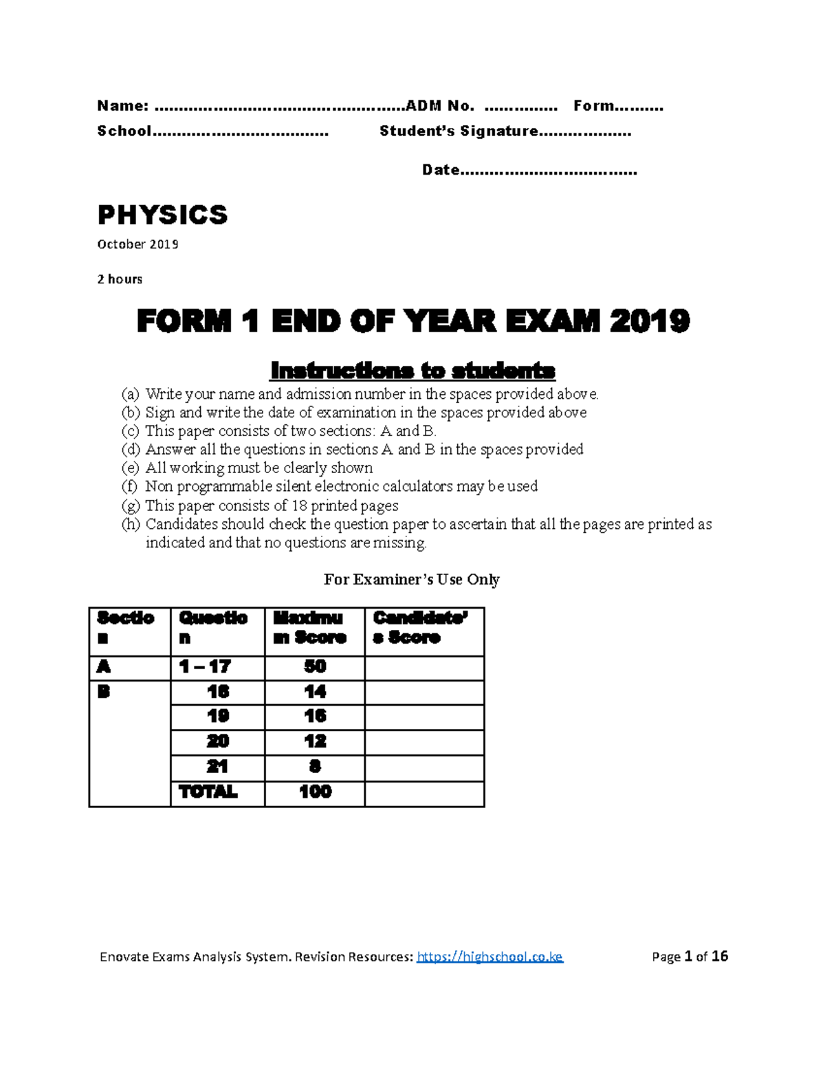 Physics Form 2 End of Year Exam Questions - October 2019 - Studocu