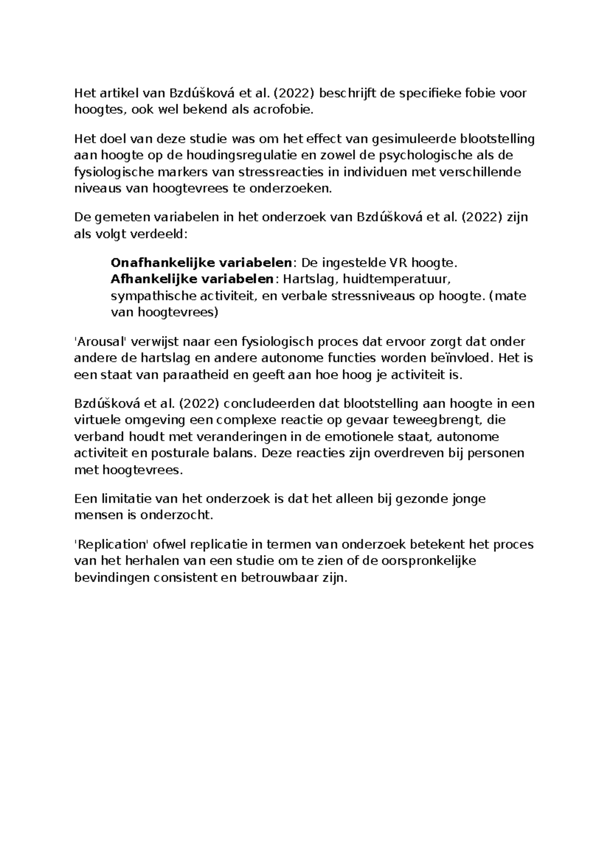 Voorbereiding Werkcollege 2: Studie naar Acrofobie en Stressreacties ...