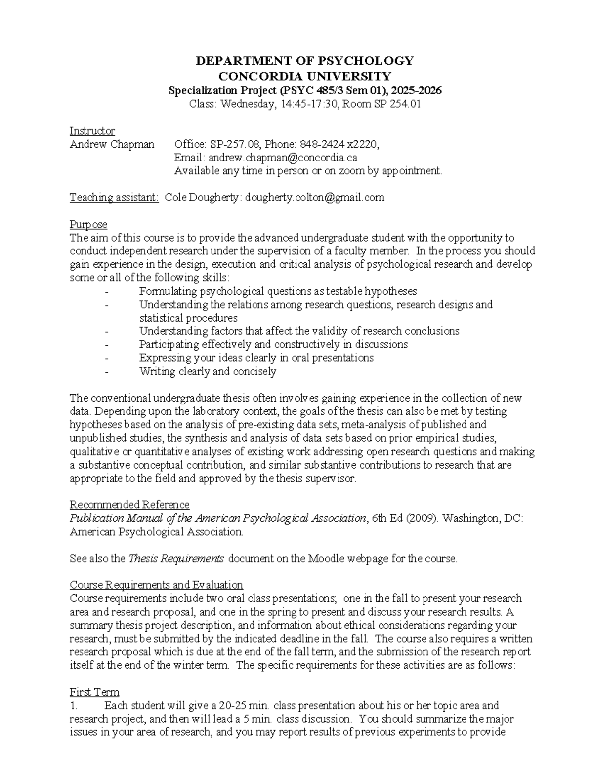 PSYC485 Specialization Project Syllabus (2025-2026) - Studocu