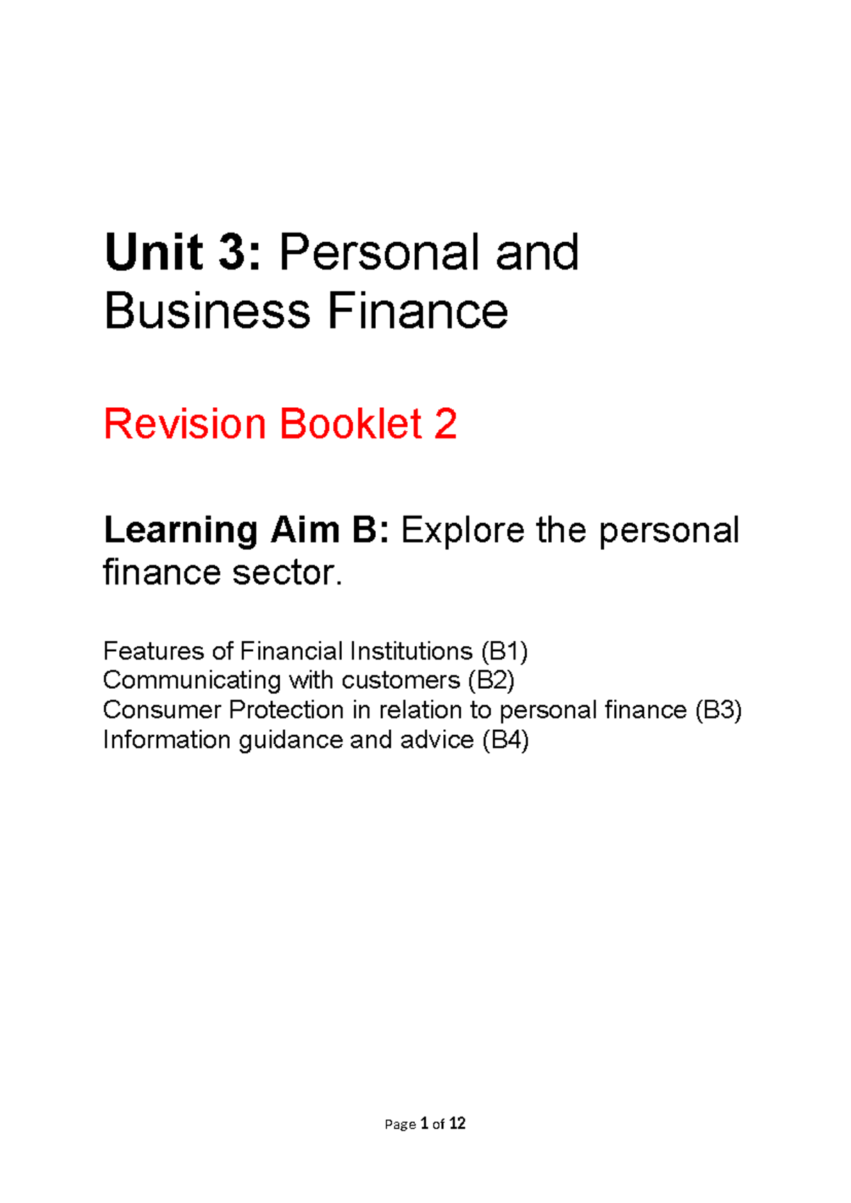 Unit 3: Personal & Business Finance Revision Booklet - Learning Aim B ...