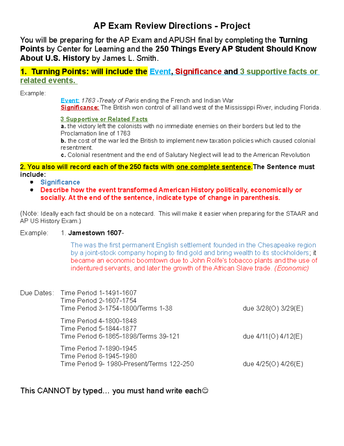 Apush Review Turning Points and 250 Facts - AP Exam Review Directions ...