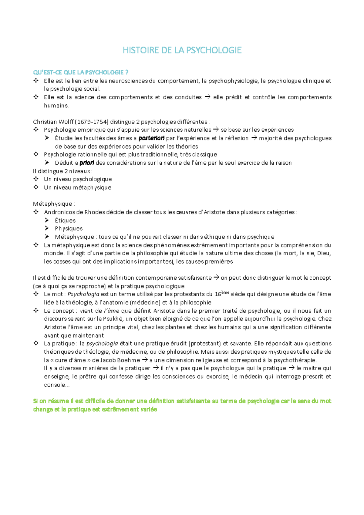 HISTOIRE DE LA PSYCHOLOGIE - Résumé Complet et Analyse - Studocu