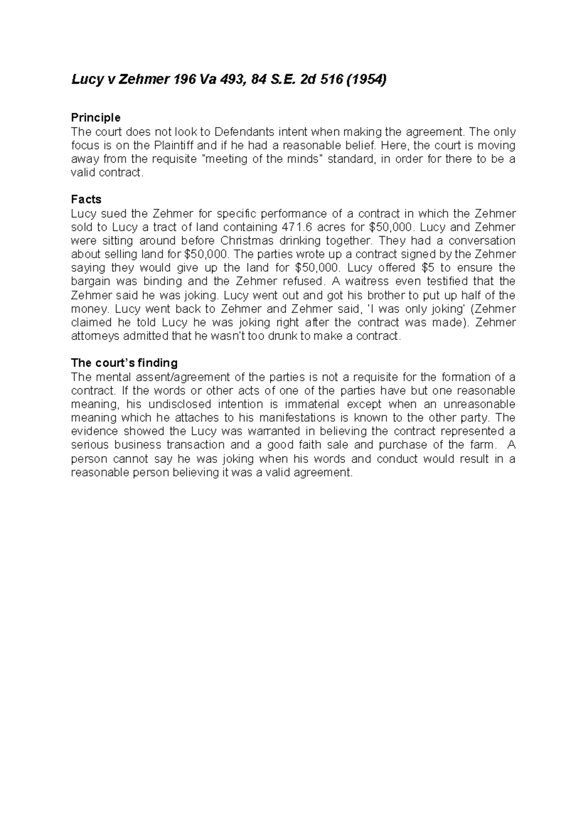 Lucy v Zehmer Case Analysis: Contract Validity and Intention - Studocu