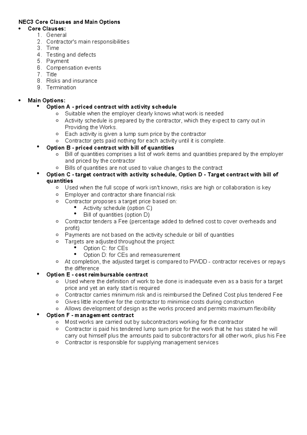 NEC3 Core Clauses & Main Options Overview: Key Aspects Explained - Studocu