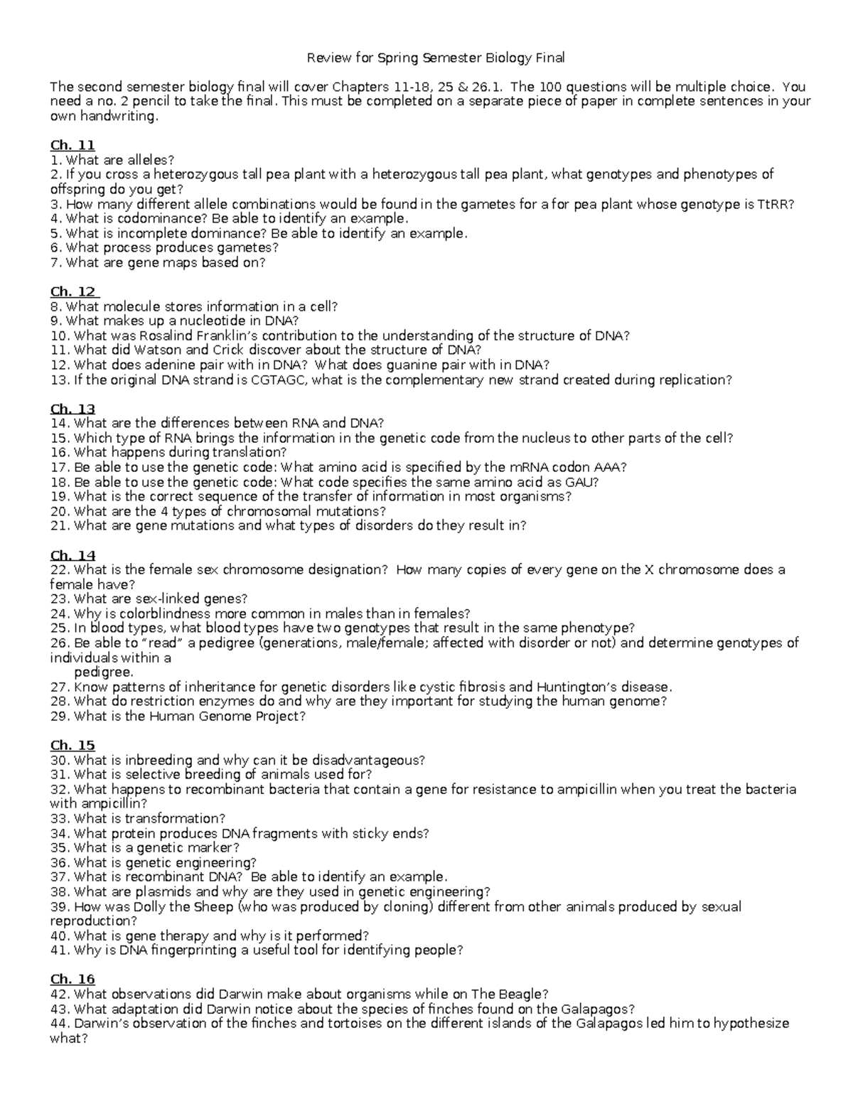 Biology 2nd Sem Final Review Questions - Chapters 25 & 26.1 - Studocu