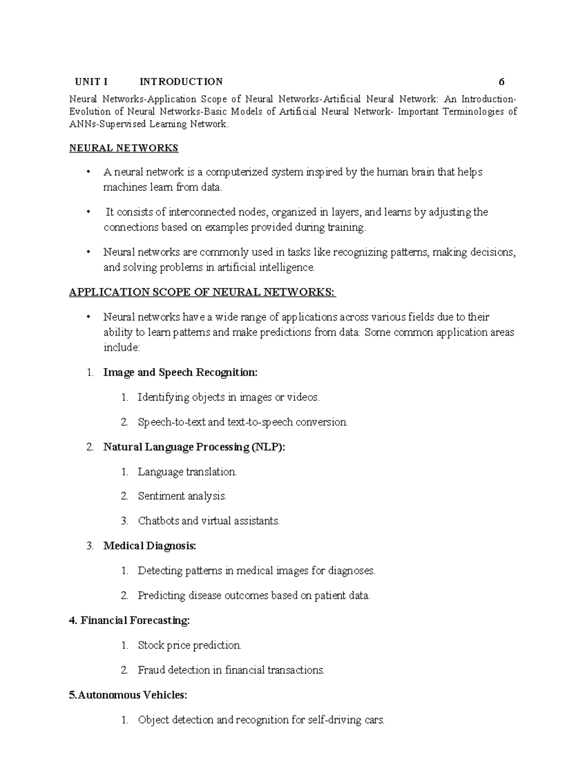 NNDL - UNIT I - Introduction to Neural Networks and Applications - Studocu