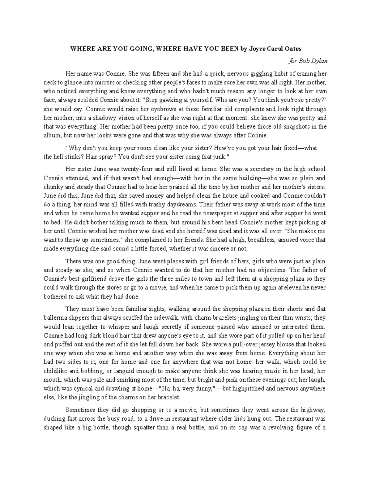 Where Are You Going, Where Have You Been: Analysis of Oates' Story ...