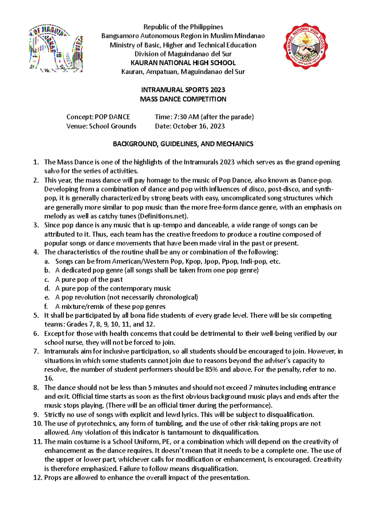 Intramural Sports 2023: Mass Dance Competition Guidelines - Studocu