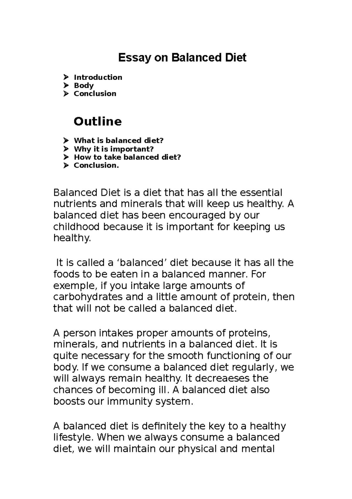 Essay on Balanced Diet: Importance and Components for Health - Studocu