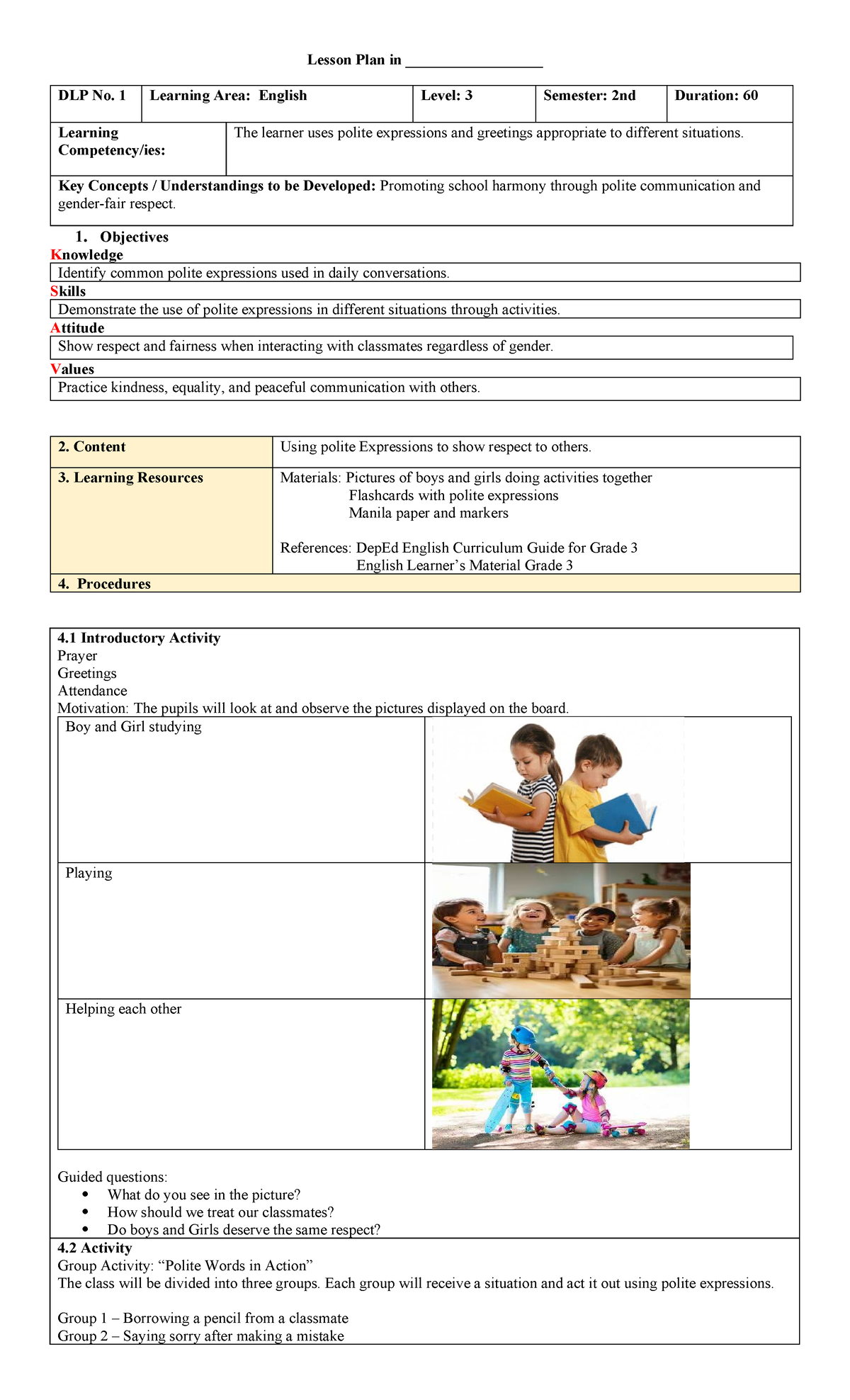 Lesson Plan DLP No. 1: Polite Expressions in English for Grade 3 - Studocu