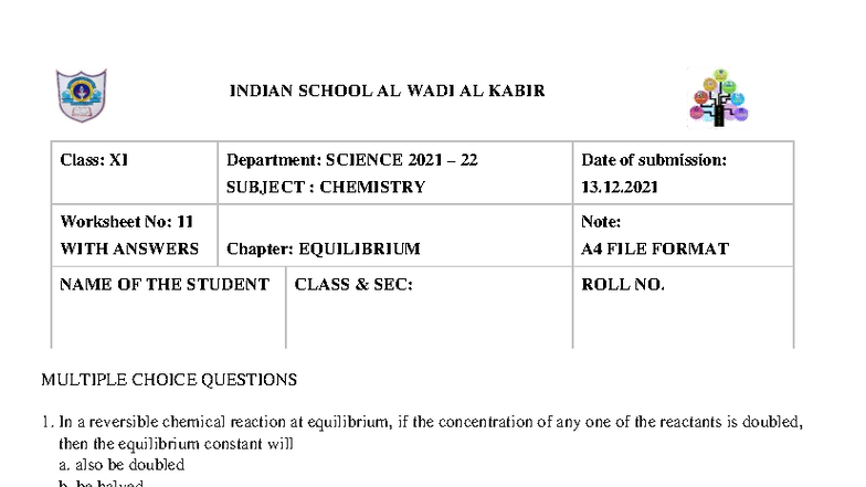 Class XI Chemistry Worksheet on Equilibrium (WS 11) with Answers - Studocu