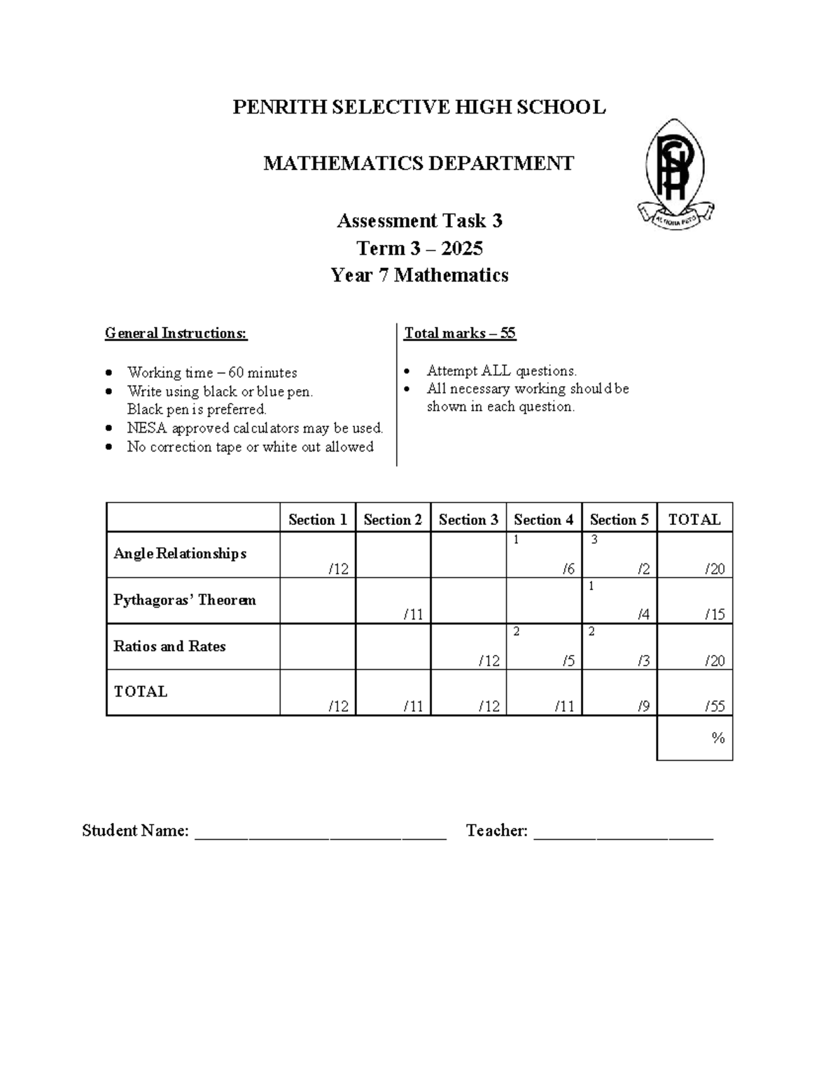 Year 7 Mathematics Assessment Task 3 - Term 3, 2025 - Studocu