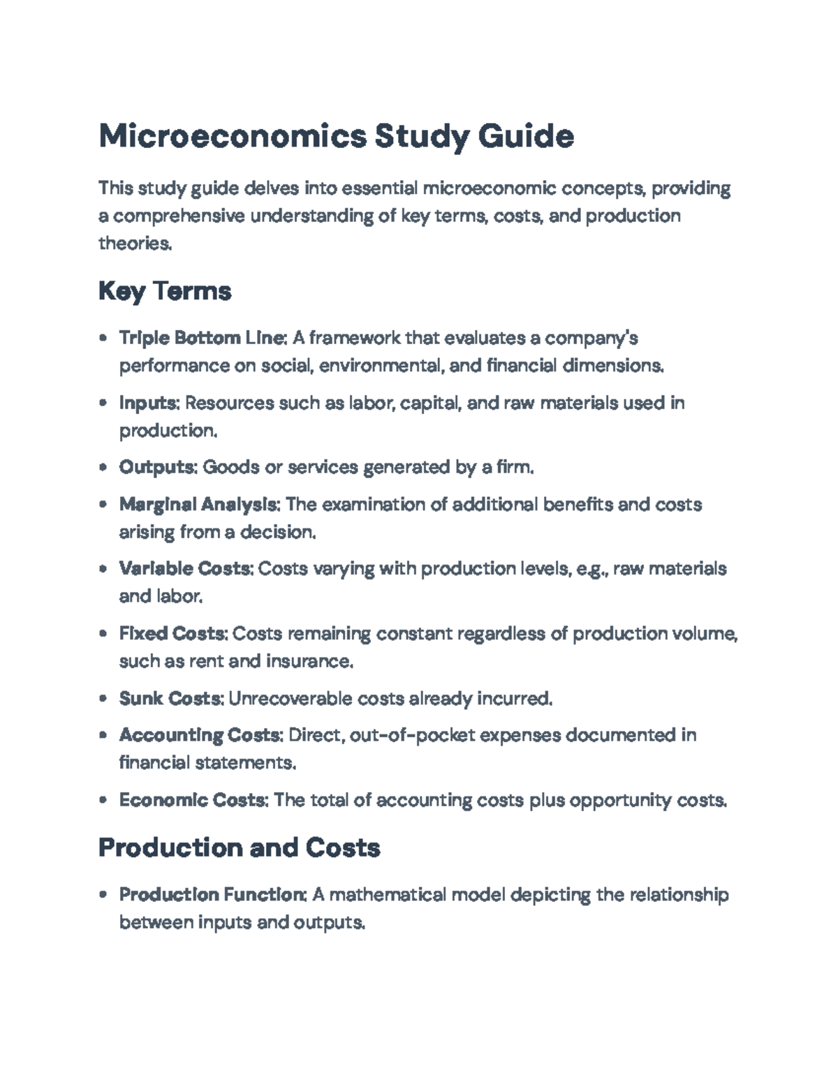 Microeconomics Study Guide: Key Concepts of Production and Costs ...
