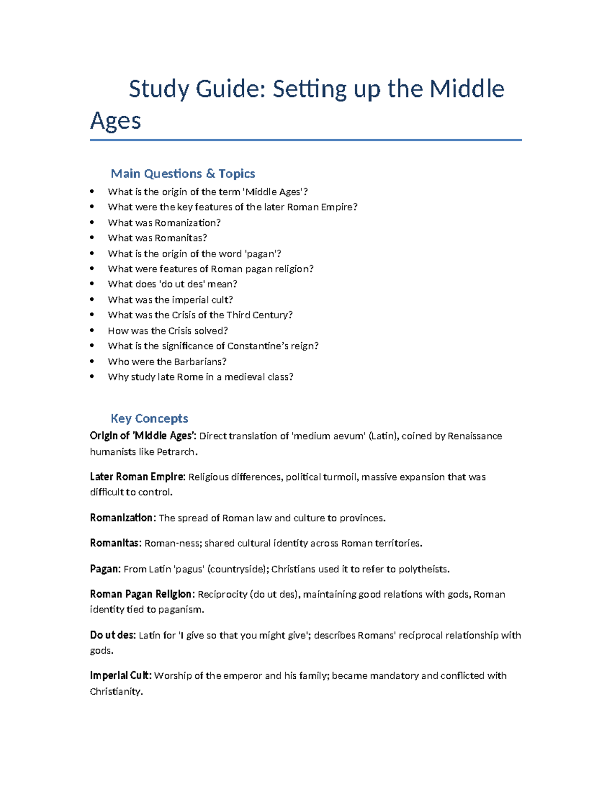 Study Guide: Key Concepts of Late Rome & the Middle Ages (HIST 101 ...