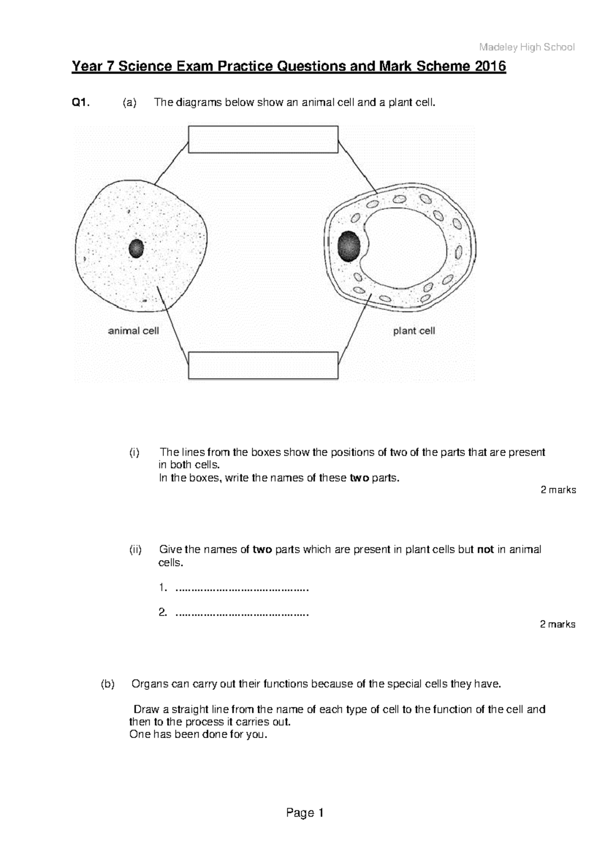 Madeley High School Year 7 Science Practical Exam Questions and Mark ...