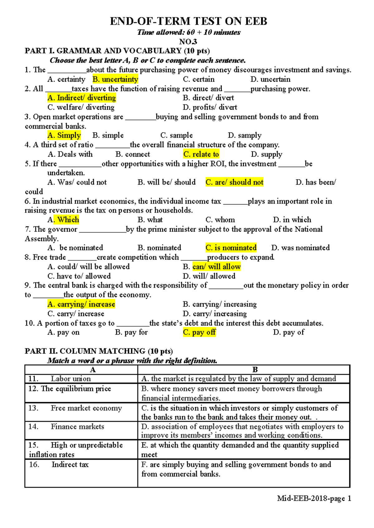 EEB Test: Grammar, Vocabulary, and Reading Comprehension - Studocu