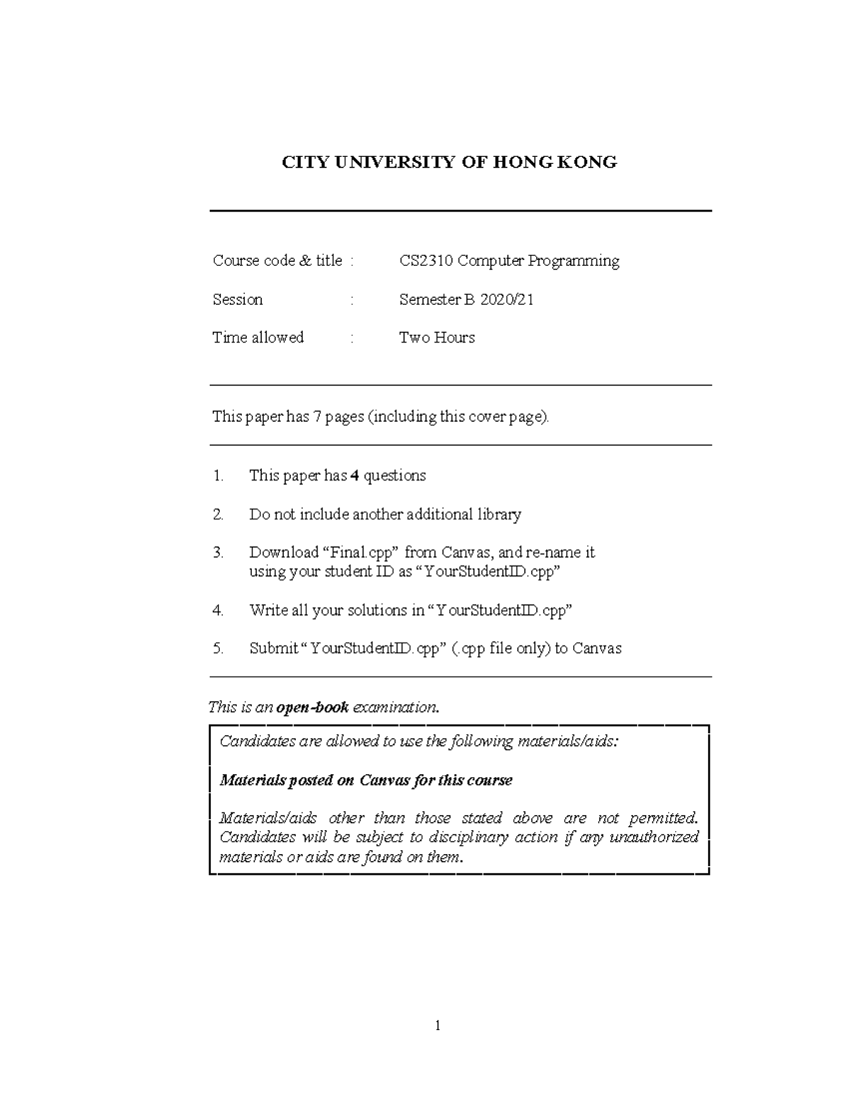CS2310 Computer Programming Final Exam QP 20-21 - Studocu