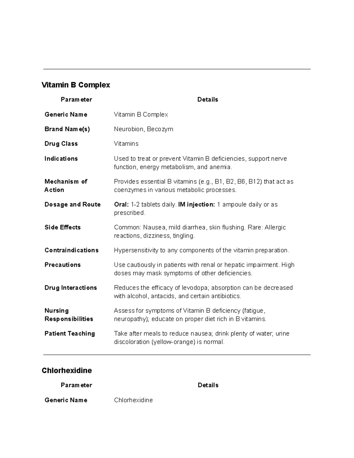 Drug study nov 26 - None - Vitamin B Complex Parameter Details Generic ...