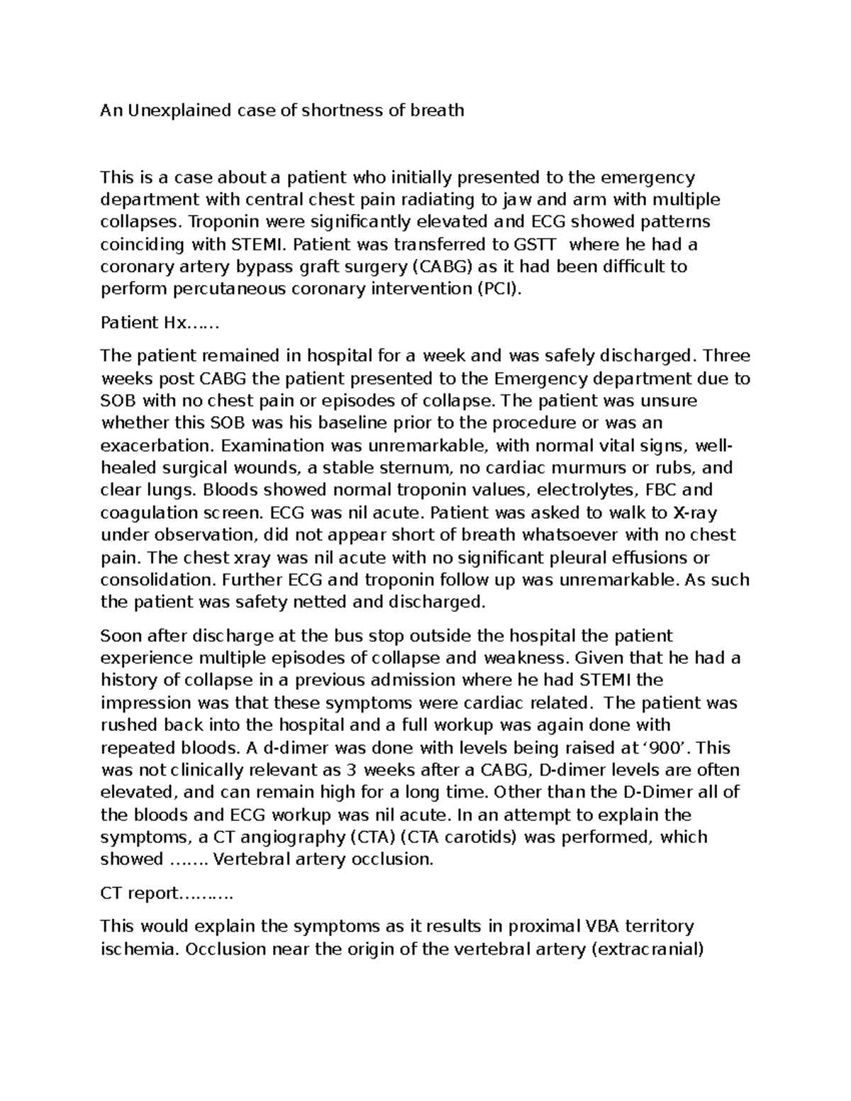 Case Study: Unexplained Shortness of Breath Post-CABG - Studocu